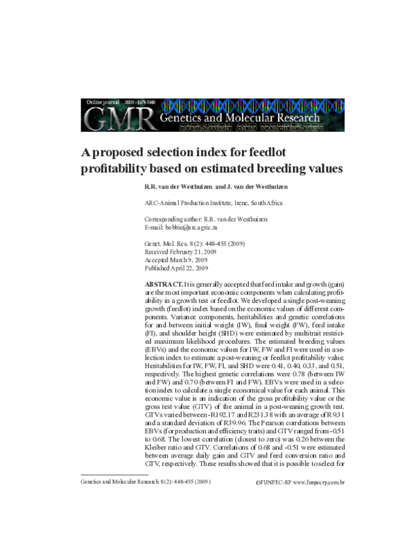 (PDF) A proposed selection index for feedlot profitability based on ...