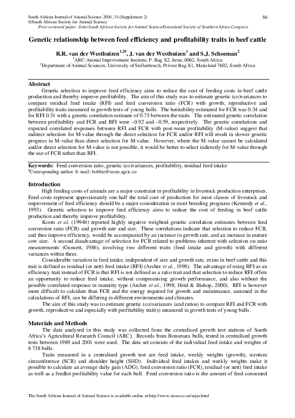 (PDF) Genetic relationship between feed efficiency and profitability traits in beef cattle