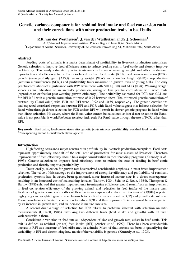 (PDF) Genetic variance components for residual feed intake and feed conversion ratio and their ...