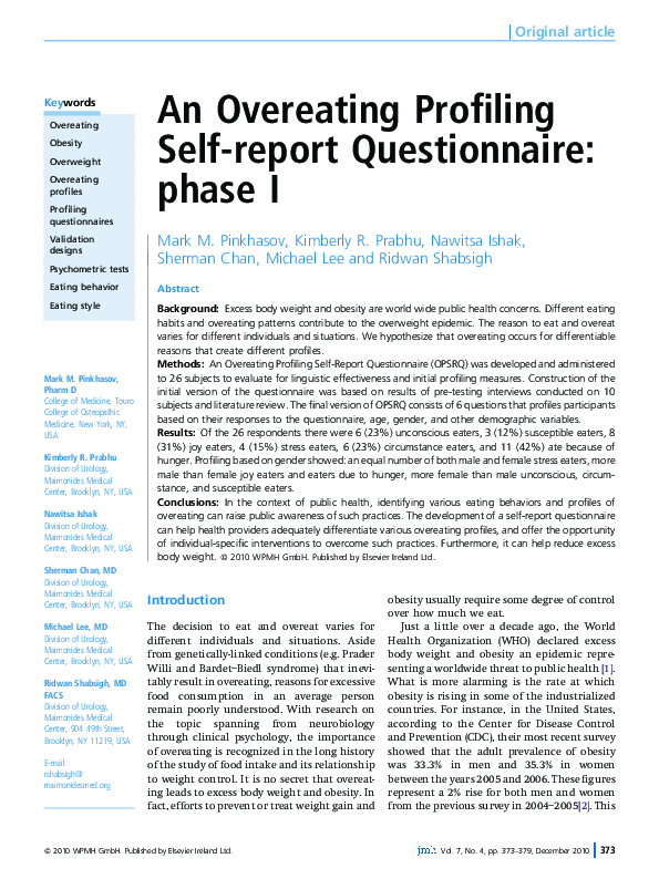 (PDF) An Overeating Profiling Self-report Questionnaire: phase I | SHERMAN CHIN FUNG CHAN ...
