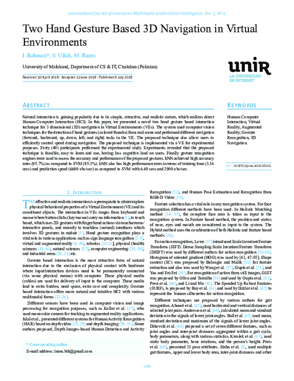 (PDF) Two Hand Gesture Based 3D Navigation in Virtual Environments