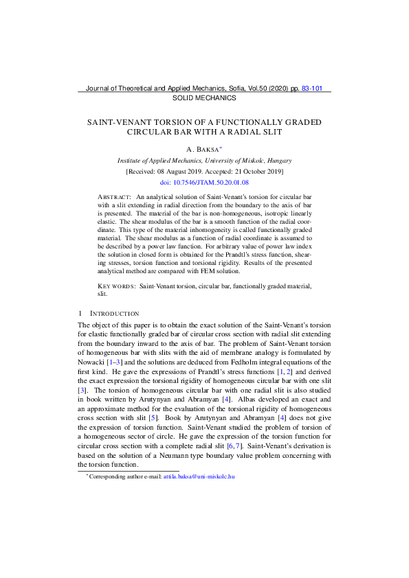 (PDF) Saint-Venant Torsion of a Functionally Graded Circular Bar with a ...