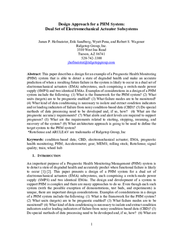 (PDF) Design Approach for a PHM System: Dual Set of Electromechanical ...