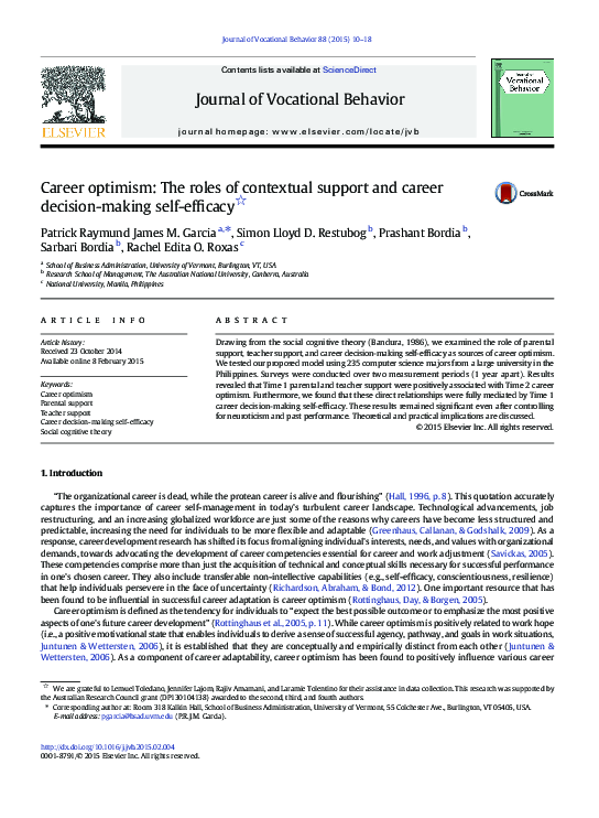 (PDF) Career optimism: The roles of contextual support and career decision-making self-efficacy