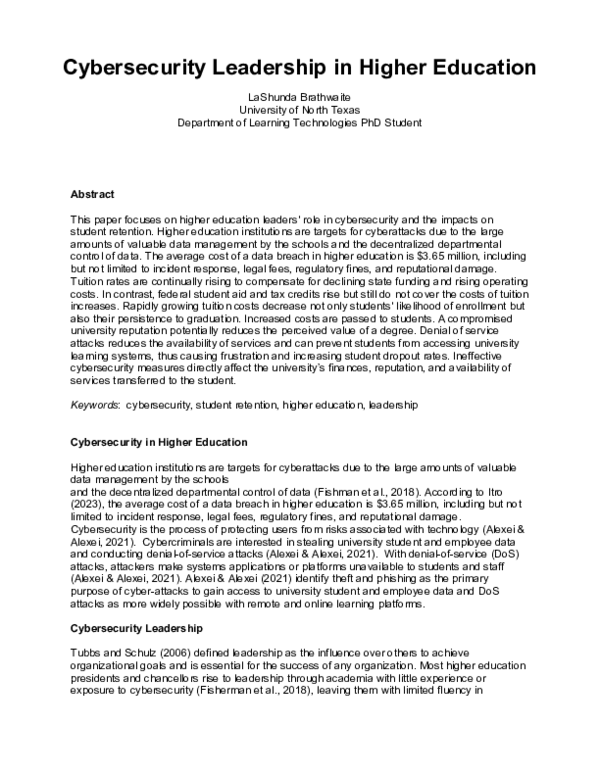(PDF) Cybersecurity Leadership in Higher Education
