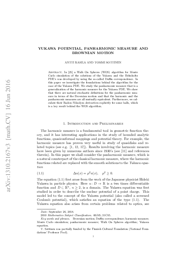 (PDF) Yukawa Potential, Panharmonic Measure and Brownian Motion
