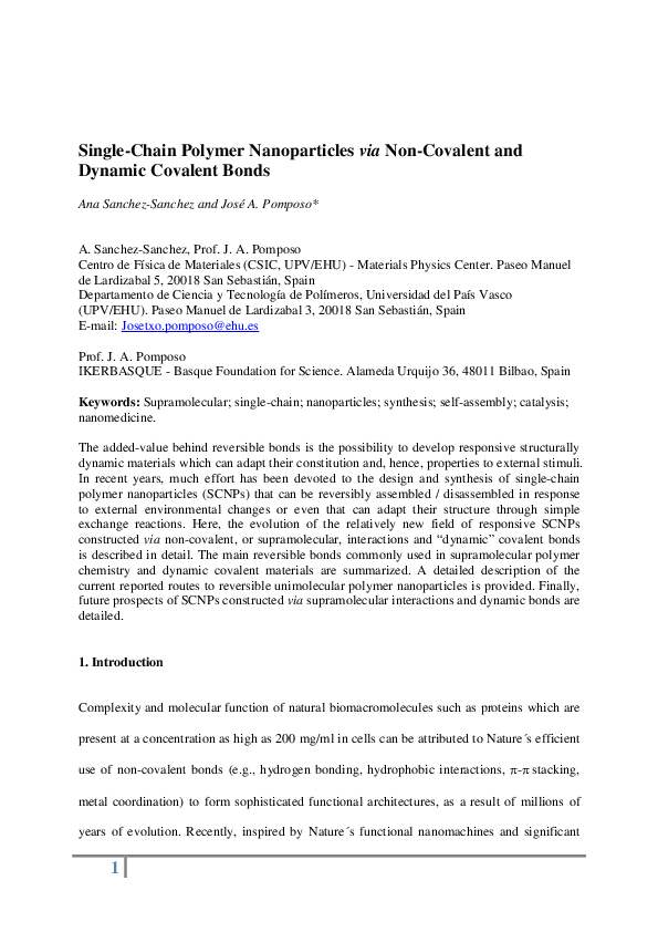 (PDF) Single‐Chain Polymer Nanoparticles via Non‐Covalent and Dynamic ...