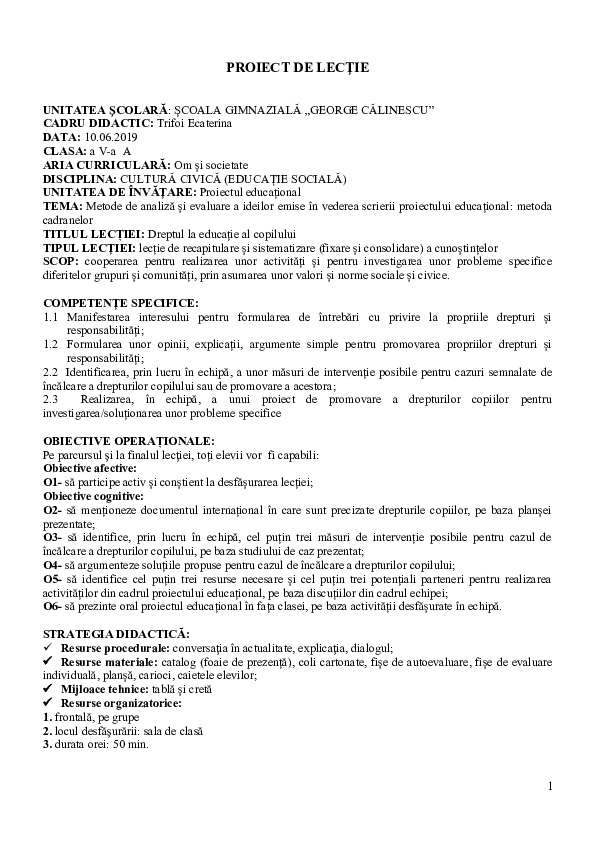 (DOC) Proiect de lectie- proiectul educational (1)