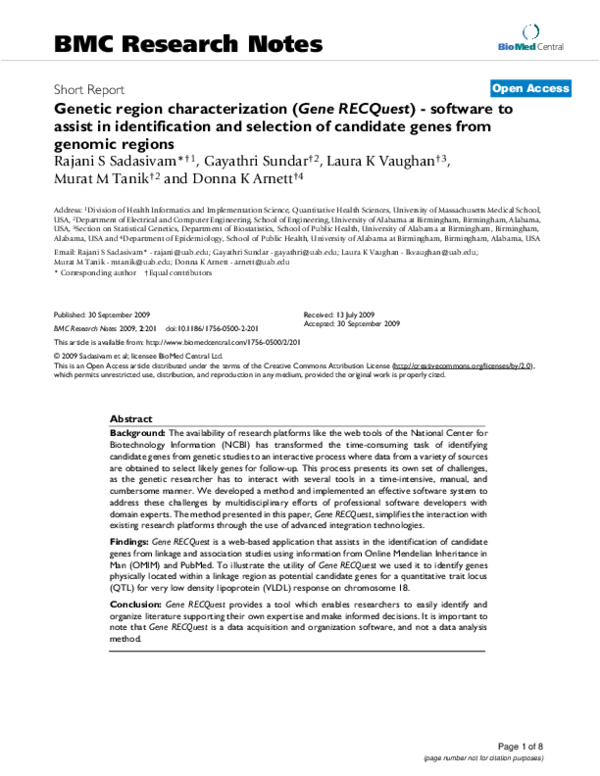 (PDF) Genetic region characterization (Gene RECQuest) - software to assist in identification and ...