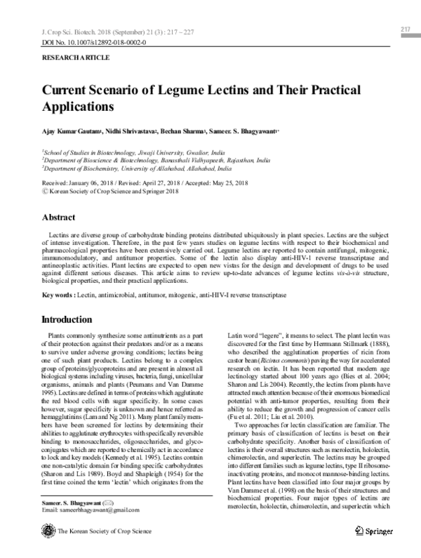 (PDF) Current Scenario of Legume Lectins and Their Practical Applications