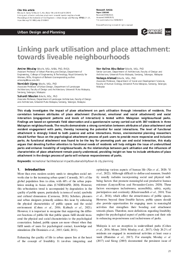 (PDF) Linking park utilization and place attachment. Towards liveable ...
