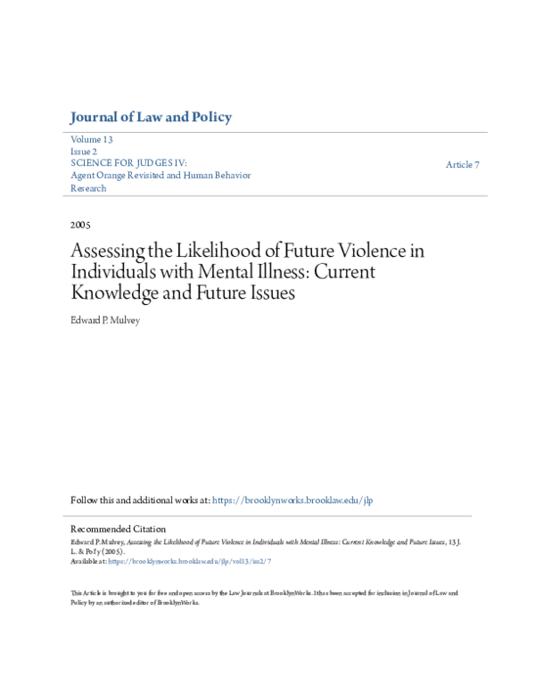 (PDF) Assessing the Likelihood of Future Violence in Individuals with Mental Illness: Current ...