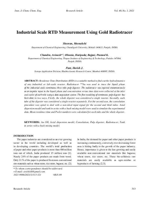 (PDF) Industrial scale RTD measurement using gold radiotracer