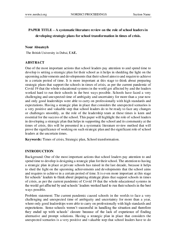 (PDF) PAPER TITLE -A systematic literature review on the role of school ...