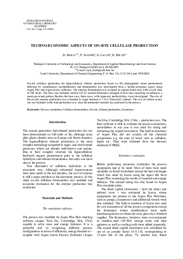 (PDF) Techno-Economic Aspects of on-Site Cellulase Production
