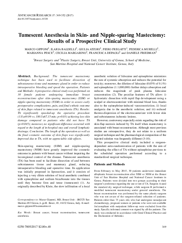 (PDF) Tumescent Anesthesia in Skin- and Nipple-sparing Mastectomy ...