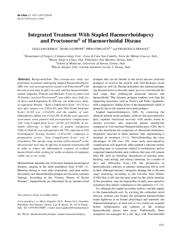(PDF) Integrated Treatment With Stapled Haemorrhoidopexy and Proctonorm® of Haemorrhoidal Disease