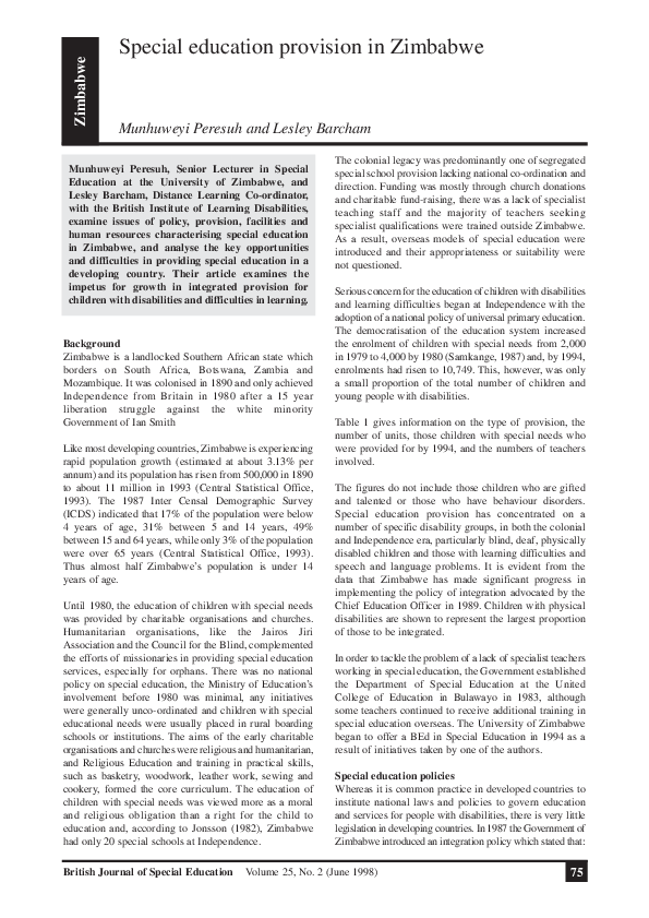 (PDF) Special education provision in Zimbabwe