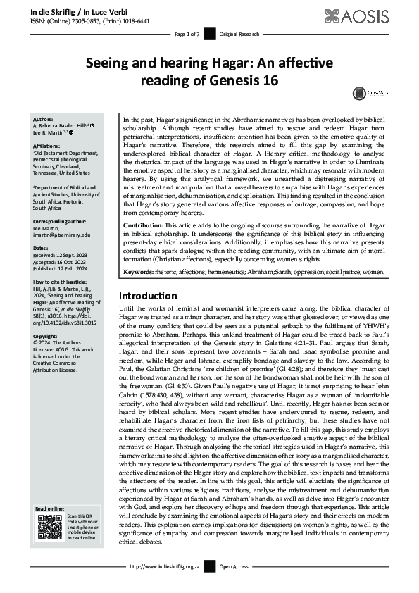(PDF) Seeing and Hearing Hagar: An Affective Reading of Genesis 16