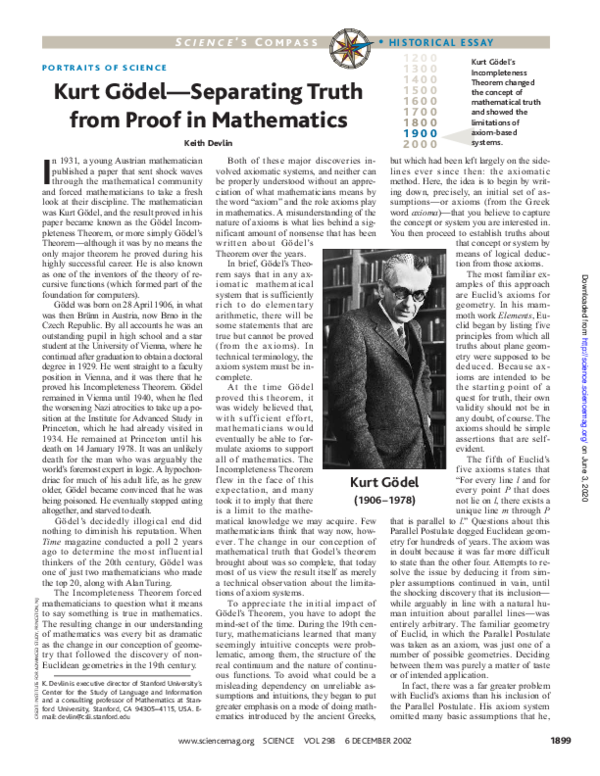 (PDF) Kurt Gödel--Separating Truth from Proof in Mathematics