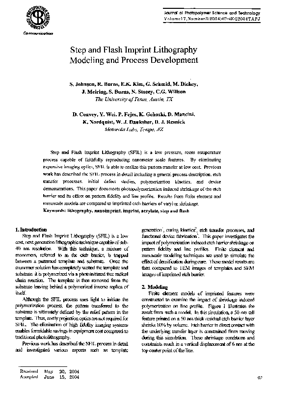 (PDF) Step and Flash Imprint Lithography Modeling and Process Development