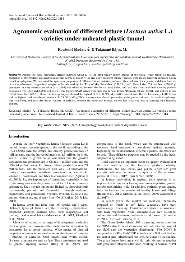 (PDF) Agronomic evaluation of different lettuce (Lactuca sativa L.) varieties under unheated ...
