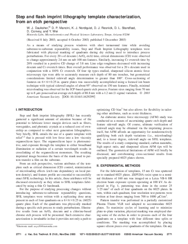 (PDF) Step and flash imprint lithography template characterization, from an etch perspective