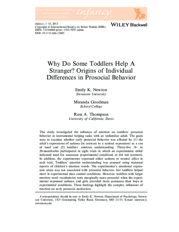 (PDF) Why Do Some Toddlers Help A Stranger? Origins of Individual ...