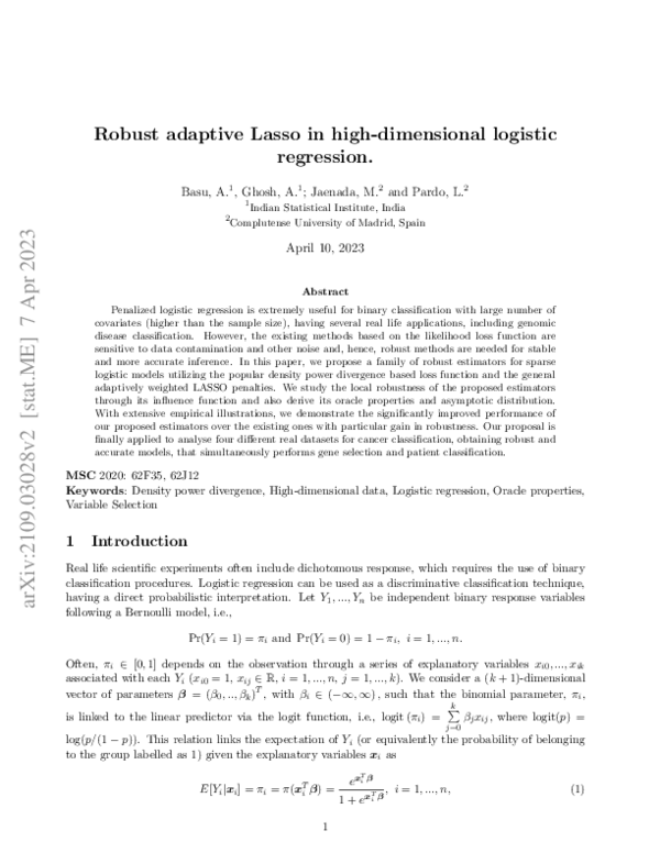 (PDF) Robust adaptive Lasso in high-dimensional logistic regression with an application to ...