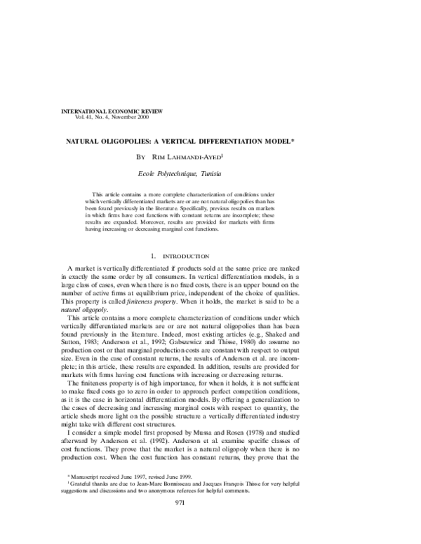 (PDF) Natural Oligopolies: A Vertical Differentiation Model