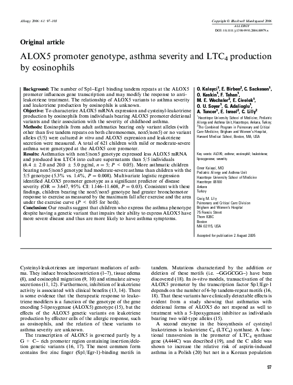 (PDF) ALOX5 promoter genotype, asthma severity and LTC4 production by ...