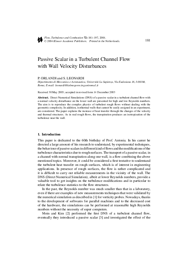 (PDF) Passive Scalar in a Turbulent Channel Flow with Wall Velocity Disturbances | Stefano ...