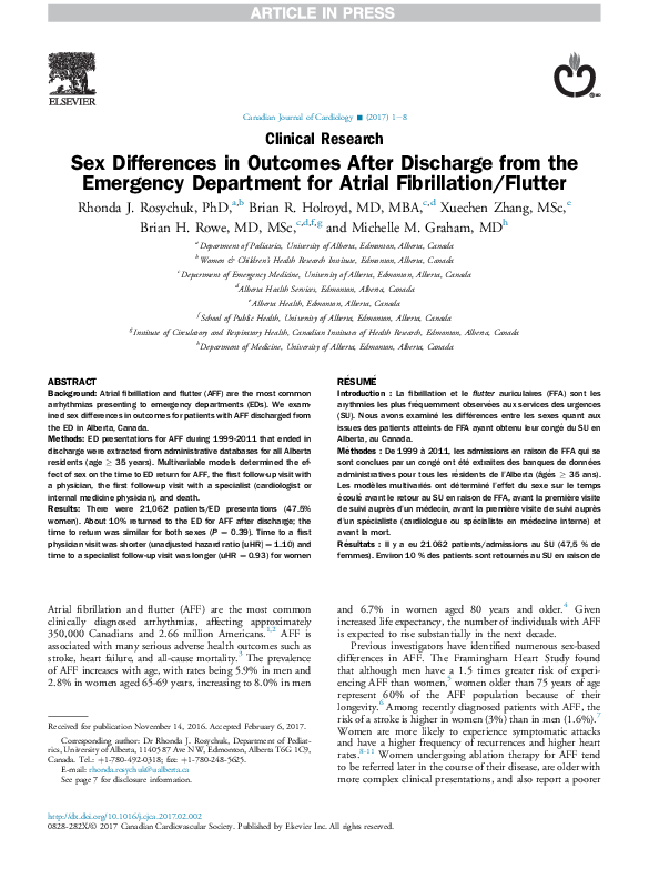 Pdf Sex Differences In Outcomes After Discharge From The Emergency Department For Atrial