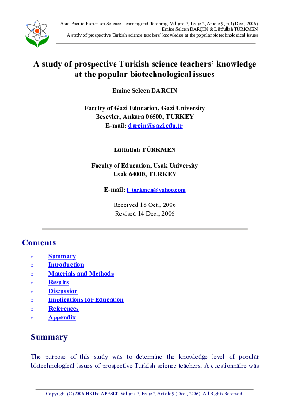 (PDF) A study of prospective Turkish science teachers' knowledge at the ...