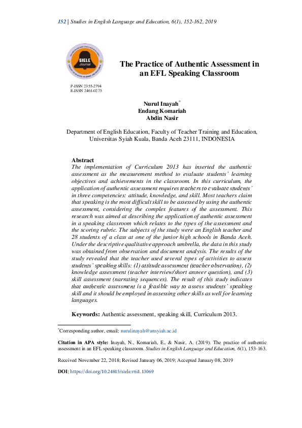 (PDF) The practice of authentic assessment in an EFL speaking classroom