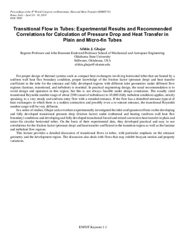(PDF) Transitional Flow in Tubes: Experimental Results and Recommended Correlations for ...