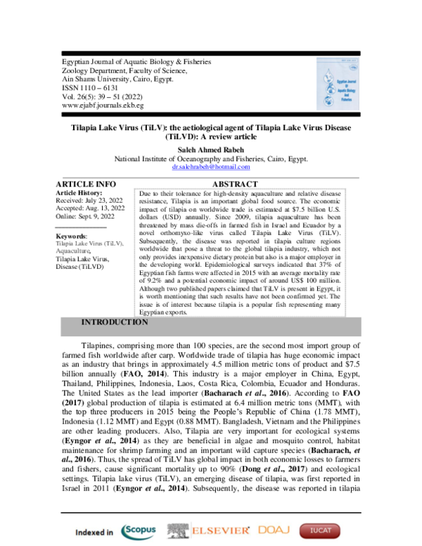 (PDF) Tilapia Lake Virus (TiLV): the aetiological agent of Tilapia Lake ...