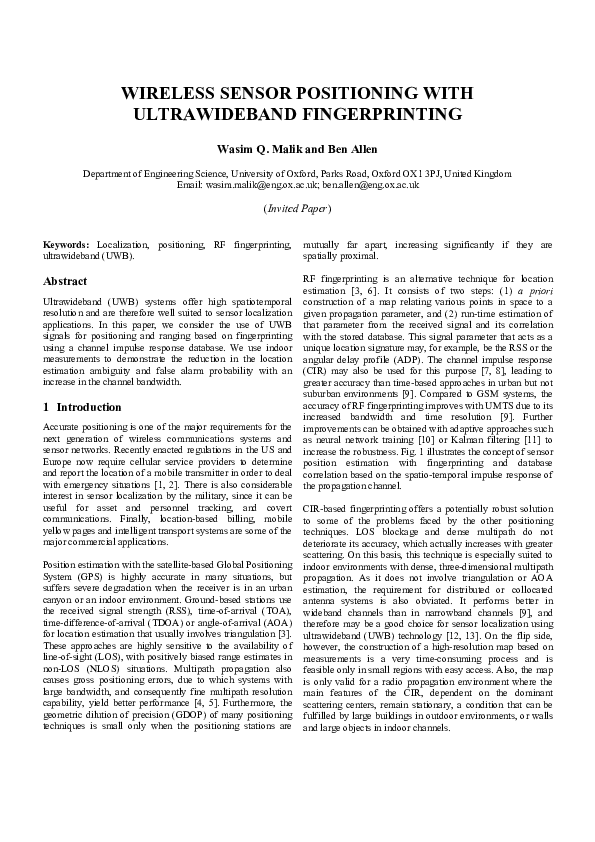 (PDF) Wireless sensor positioning with ultrawideband fingerprinting
