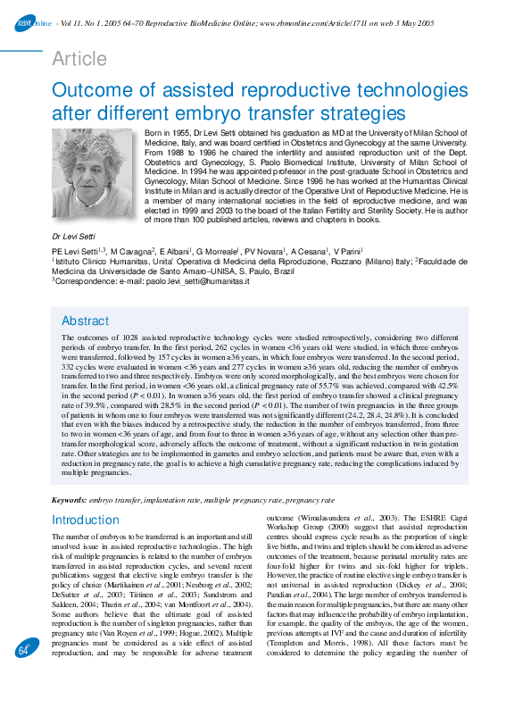(PDF) Outcome of assisted reproductive technologies after different embryo transfer strategies