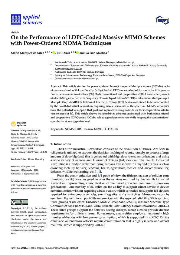 Pdf On The Performance Of Ldpc Coded Massive Mimo Schemes With Power Ordered Noma Techniques