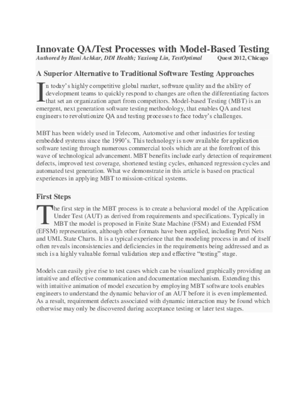 (PDF) Innovate QA/Test Processes with Model-Based Testing
