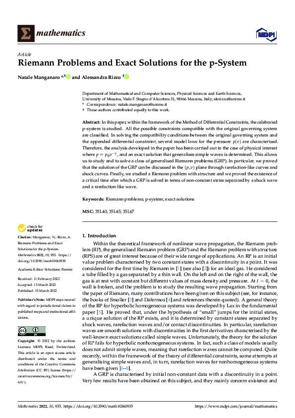 (PDF) Riemann Problems and Exact Solutions for the p-System