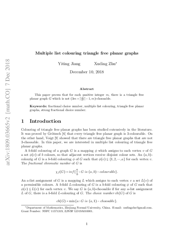 (PDF) Multiple list colouring triangle free planar graphs