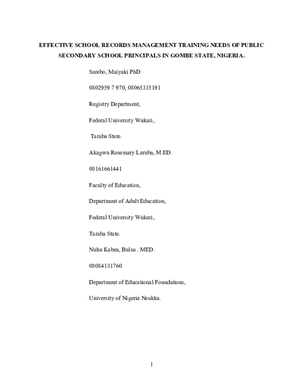 (DOC) EFFECTIVE SCHOOL RECORDS MANAGEMENT TRAINING NEEDS OF PUBLIC ...