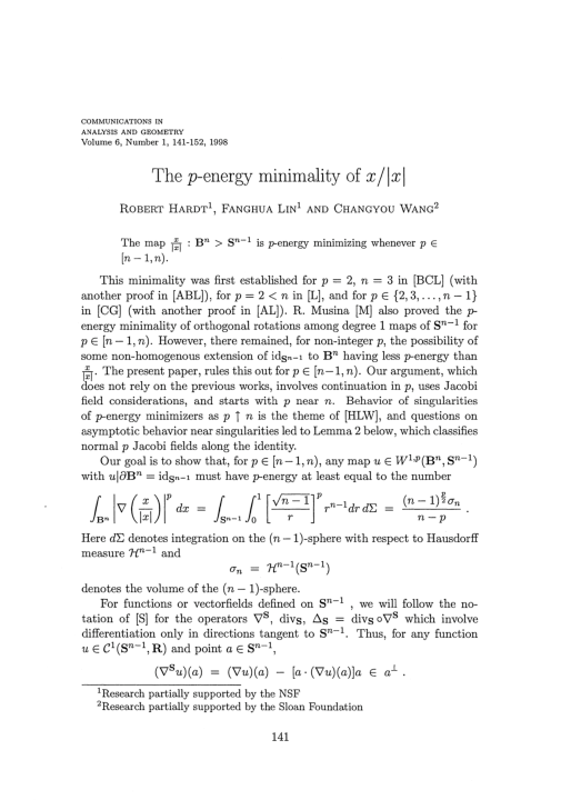 (PDF) The $p$-energy minimality of $x / \lvert x \rvert$ | Fanghua Lin ...