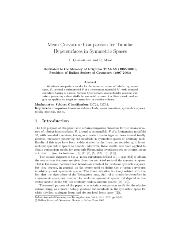 (PDF) Mean Curvature Comparison for Tubular Hypersurfaces in Symmetric ...