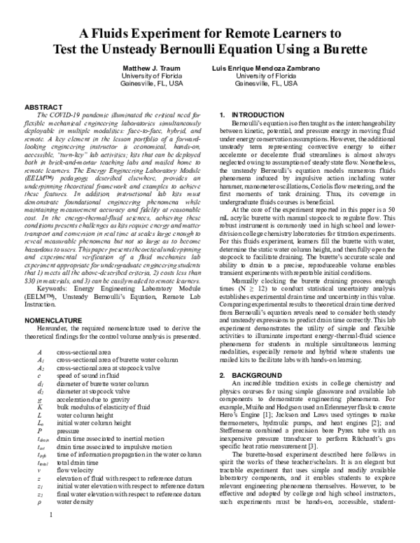 (PDF) A Fluids Experiment for Remote Learners to Test the Unsteady ...