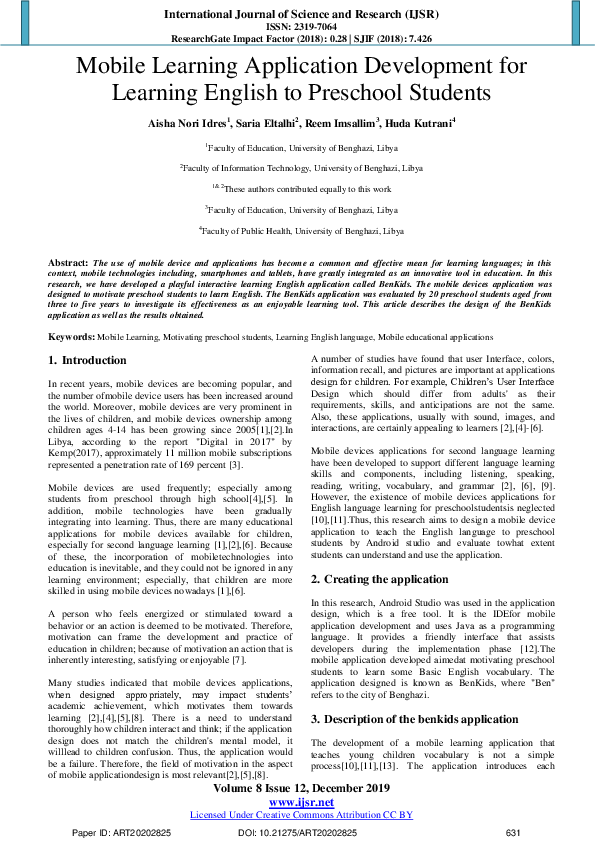 (PDF) Mobile Learning Application Development for Learning English to Preschool Students | Saria ...