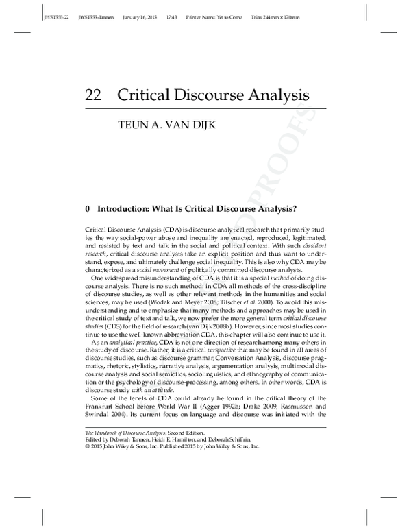 (PDF) Critical Discourse Analysis TEUN A . VAN DIJK 0 Introduction : What Is Critical Discourse ...