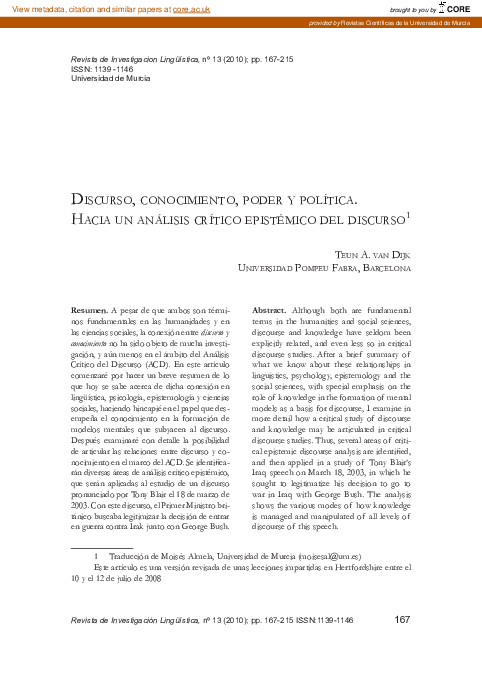 (PDF) Discurso, conocimiento, poder y política. Hacia un análisis crítico epistémico del discurso